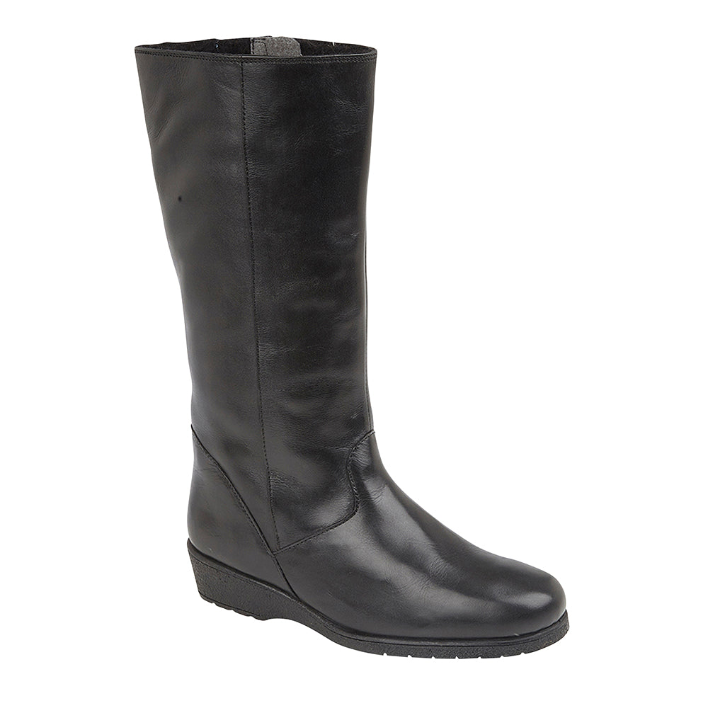 Malton | Womens Knee High Sheepskin Boots | Black Leather | Drapers